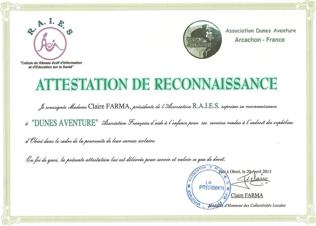 ATTESTATION DE RECONNAISSANCE - Dunes Aventure Association d'aide à l ...