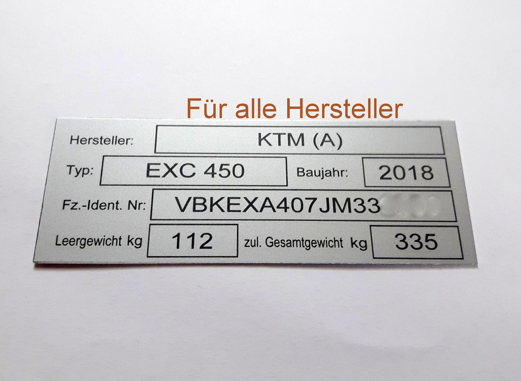 Typenschild Motorrad, Roller, Quad - laserinferno