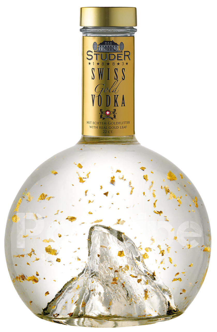 Studer's Vodka mit Goldflitter. - Schweizer Spirituosen.