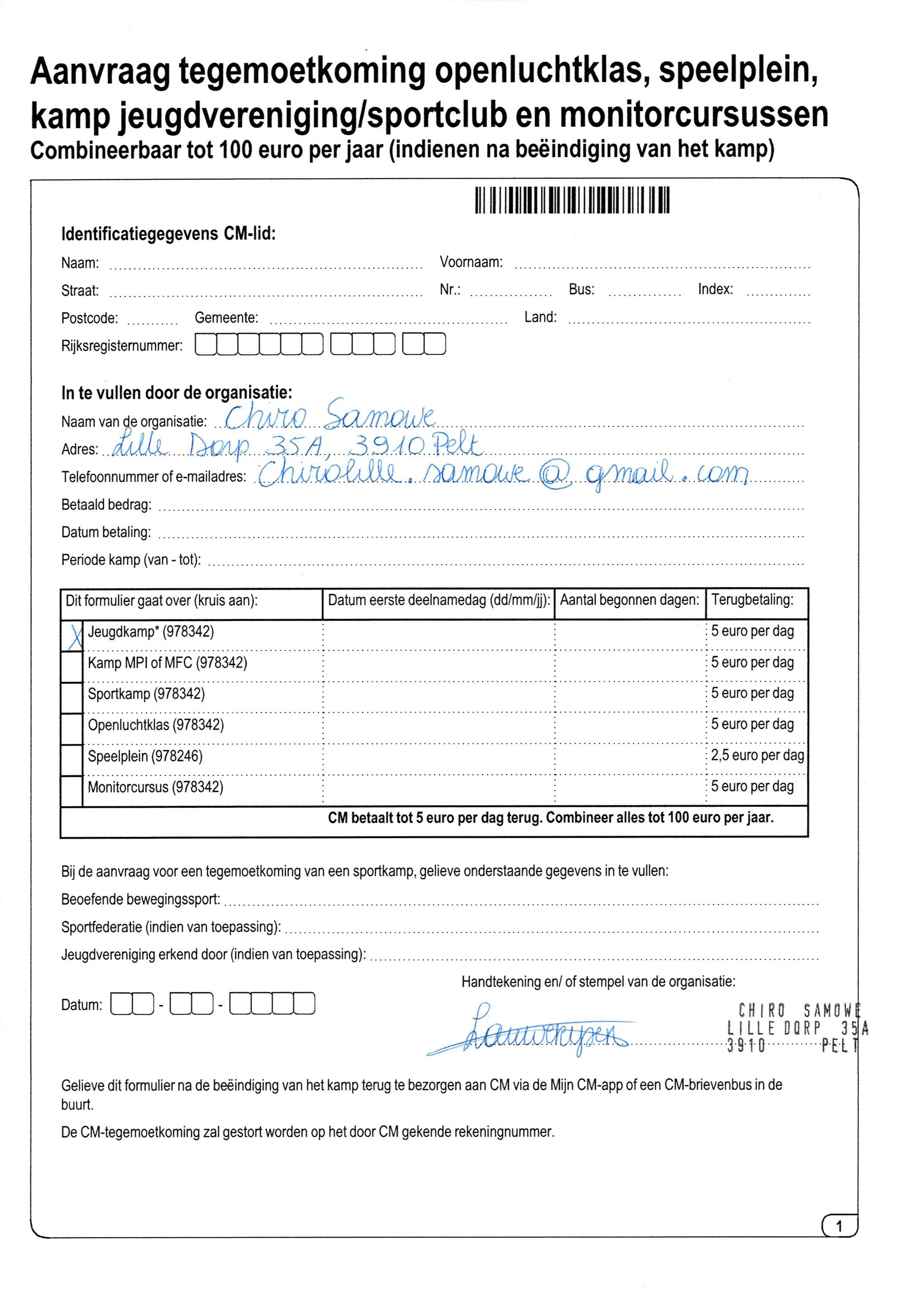 CM Terugbetaling Kamp Chiro Samowe