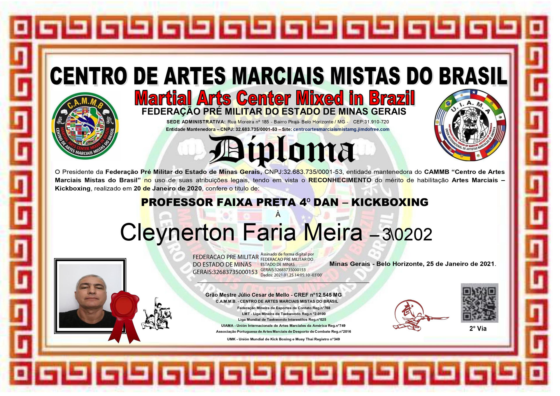 Diploma kick Boxing - Filiados - centroartesmarciaismistamg