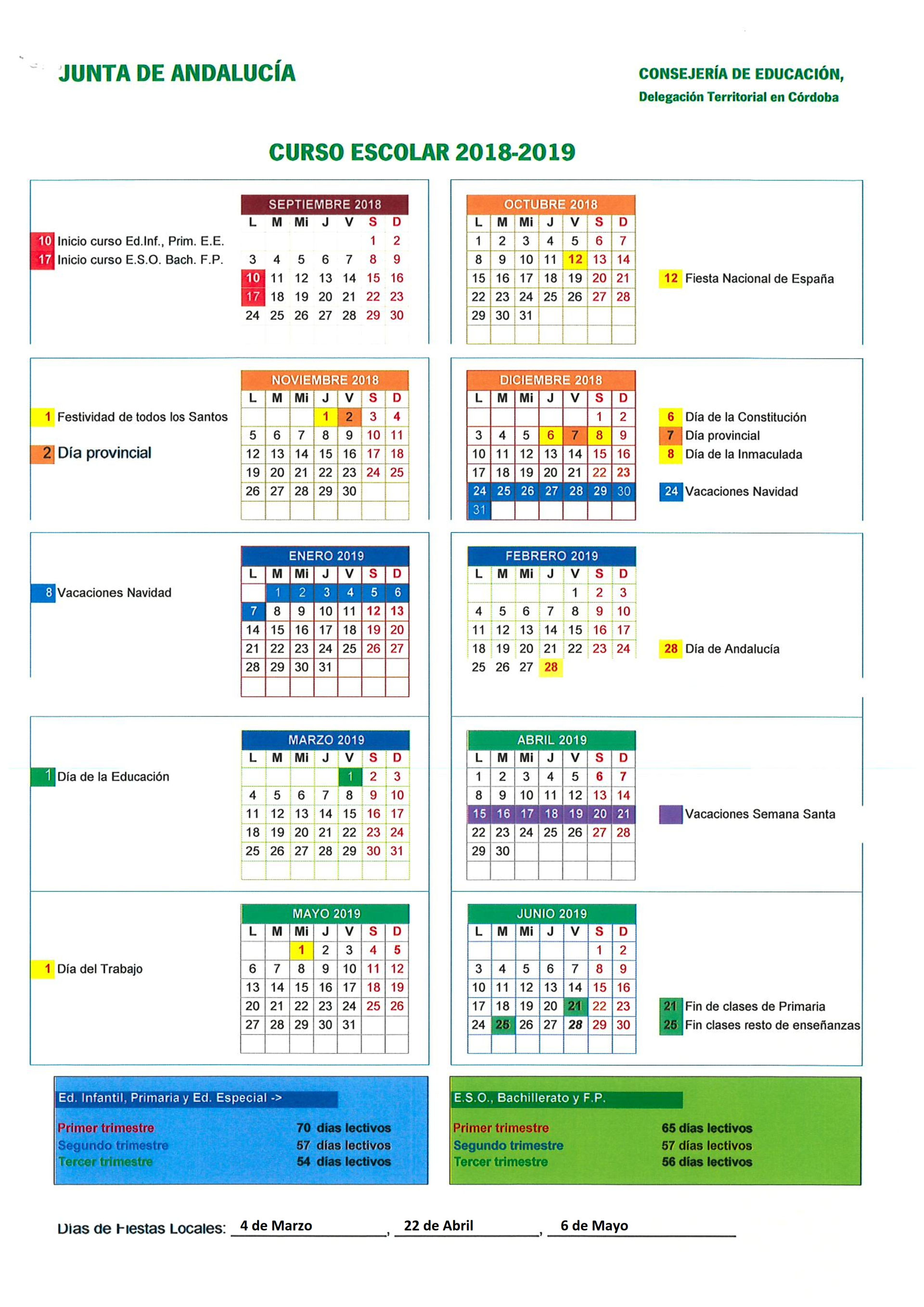 CALENDARIO ESCOLAR 2018-2019 - Colegio Araceli Lucena