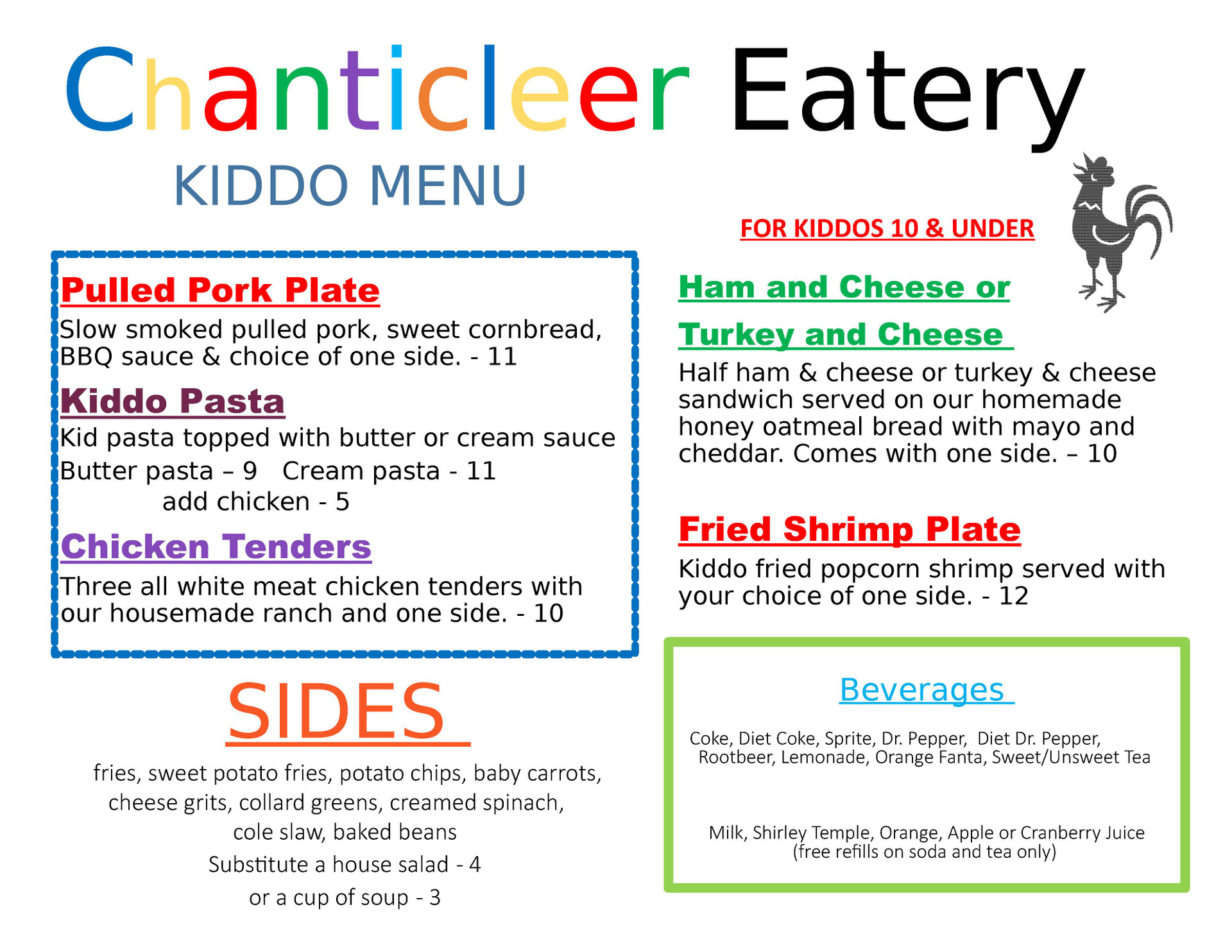 Kiddo Menu - available at both lunch & dinner - Chanticleer Eatery ...