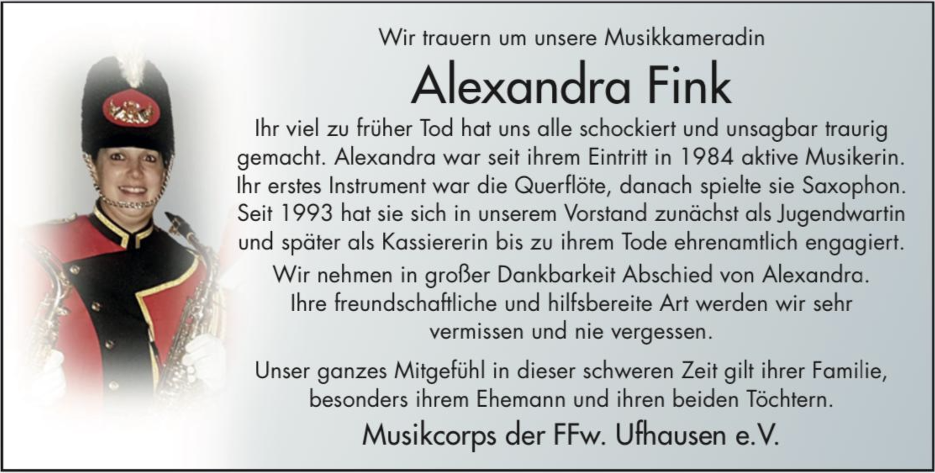 Nachruf Alexandra Fink - Musikcorps Ufhausen e.V.