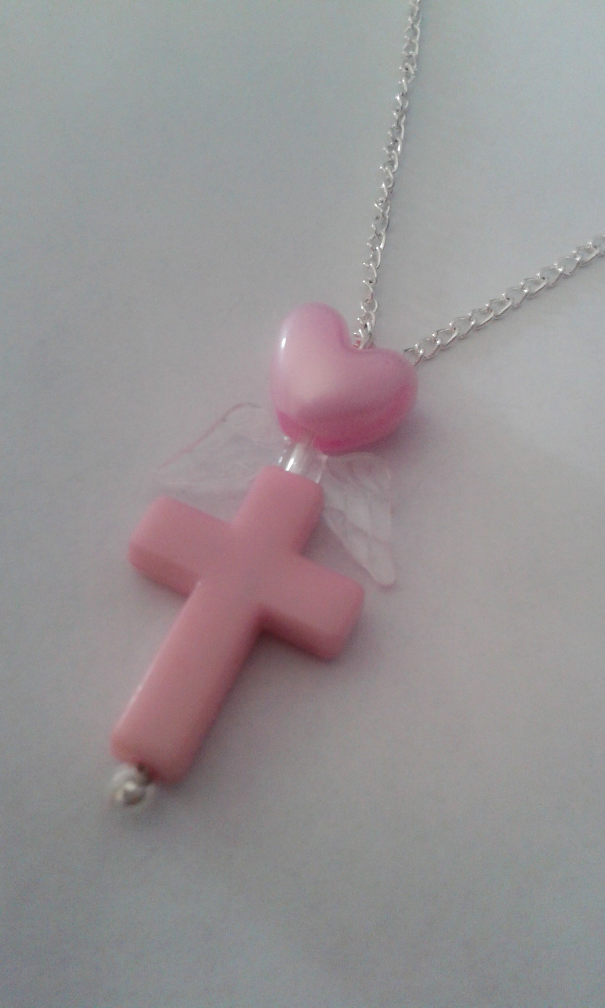 Pink Cross Necklace with Hearts & Wings - Lolita's Adornments