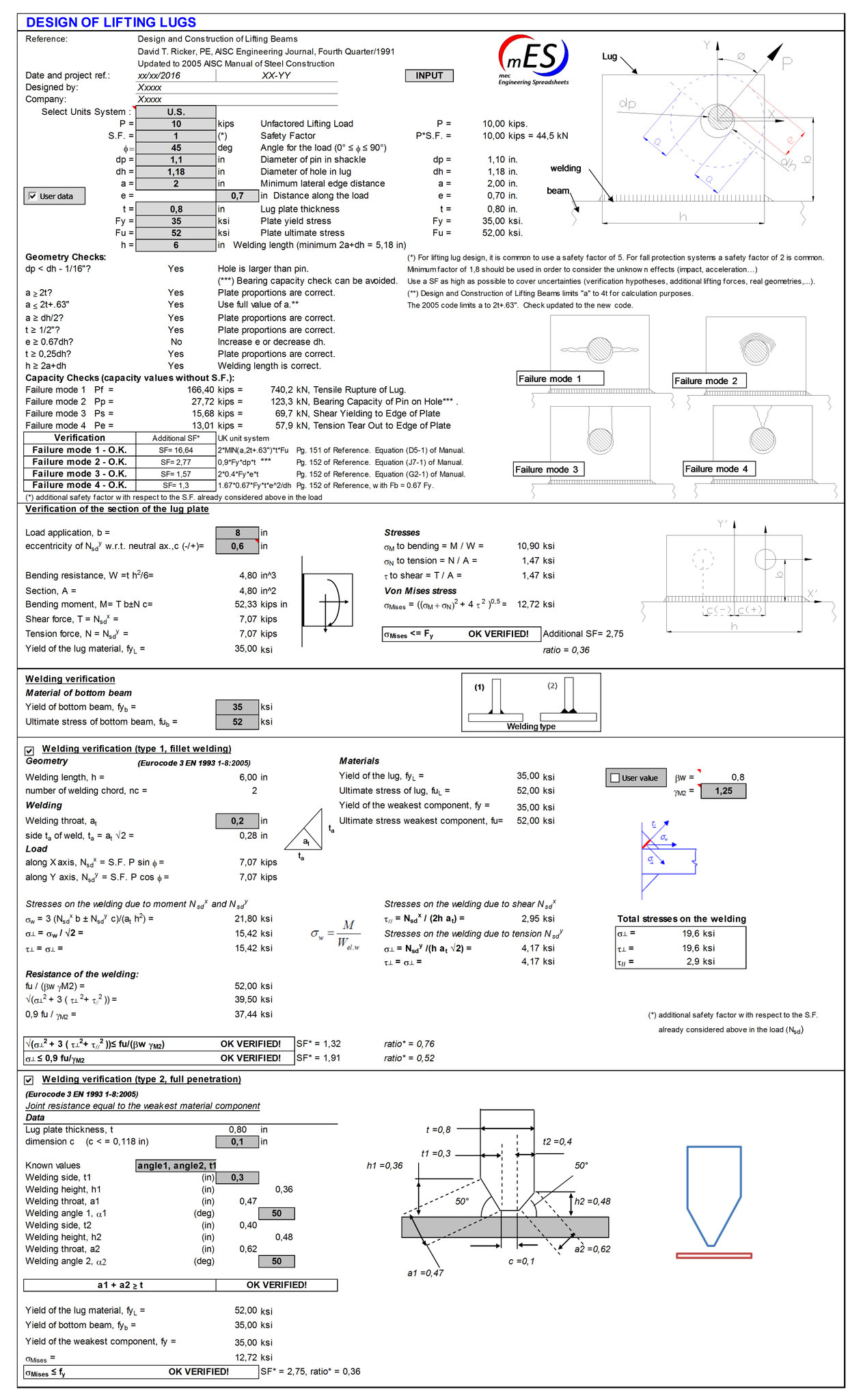 Design and verification of lifting lugs - mec Engineering Spreadsheets
