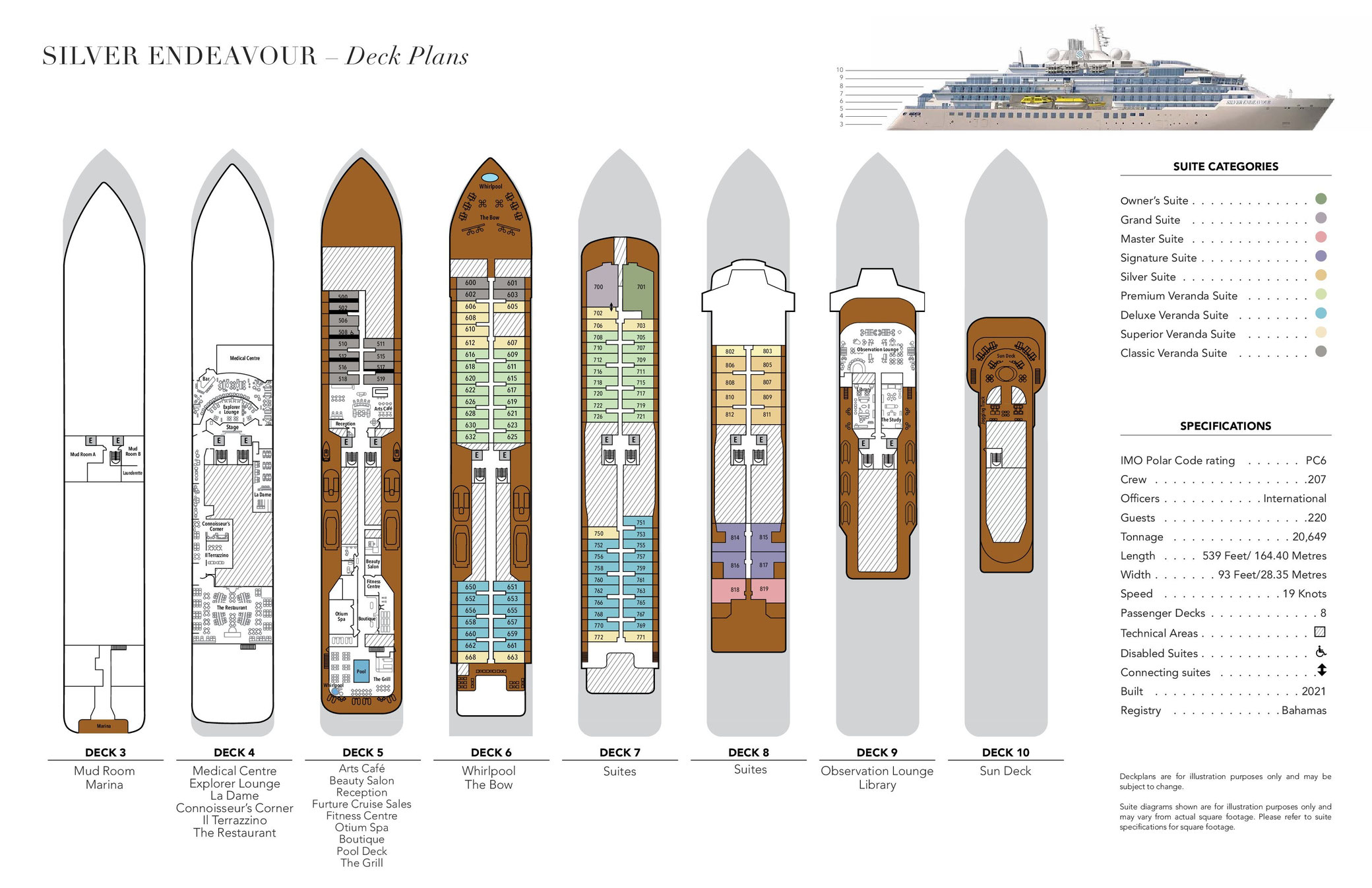 Silver Endeavour | Reisen | Kabinen | Deckplan - Emocean Luxus Kreuzfahrten