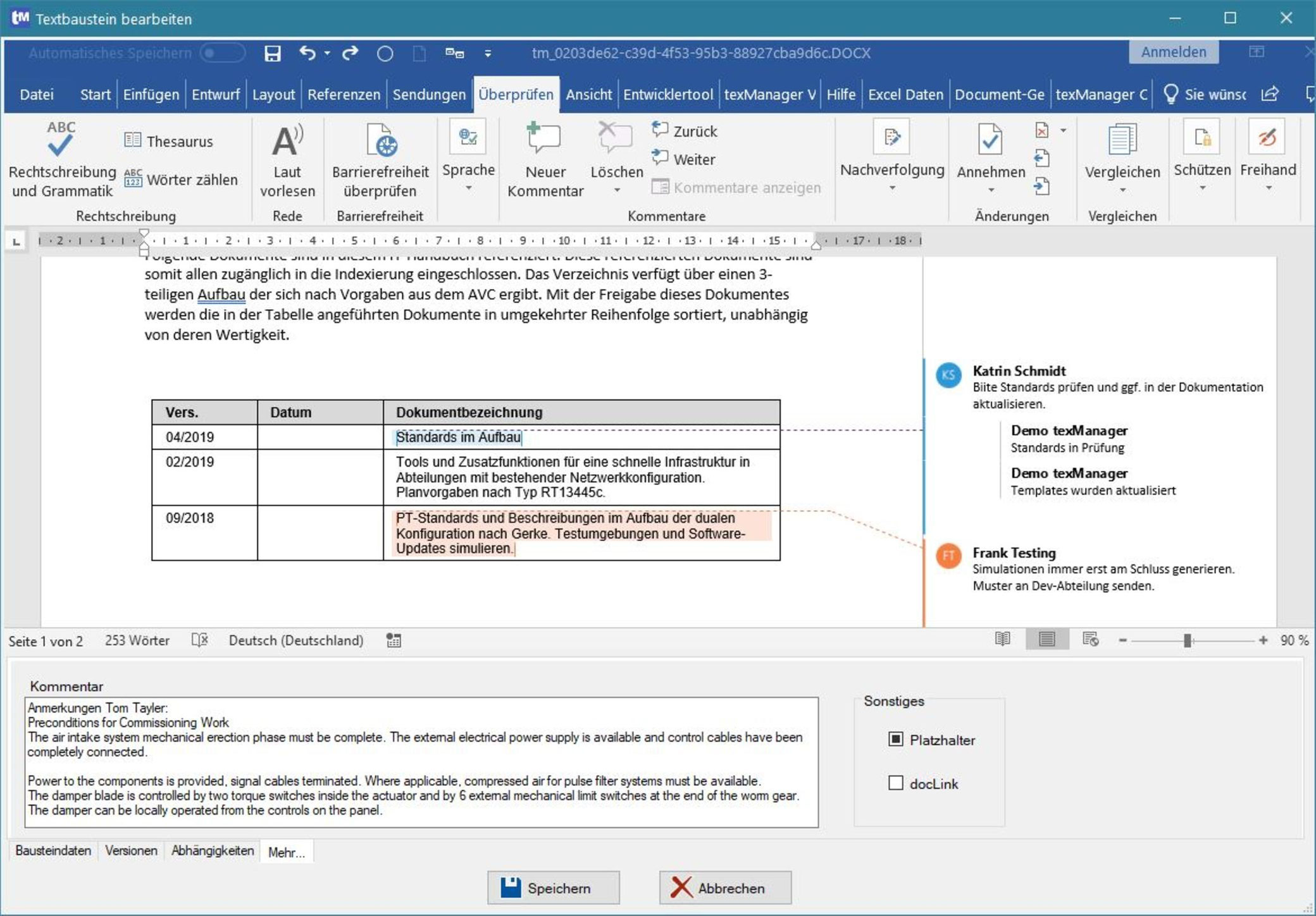 Textbausteine mit Kommentaren - texManager