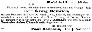 J. Assmann 1897-1917 mit neuem Teilhaber - Uhrenhersteller und Uhrwerke ...