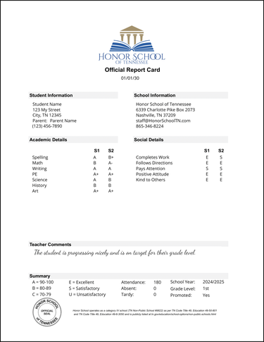 Report Card - Tennessee Homeschool Umbrella