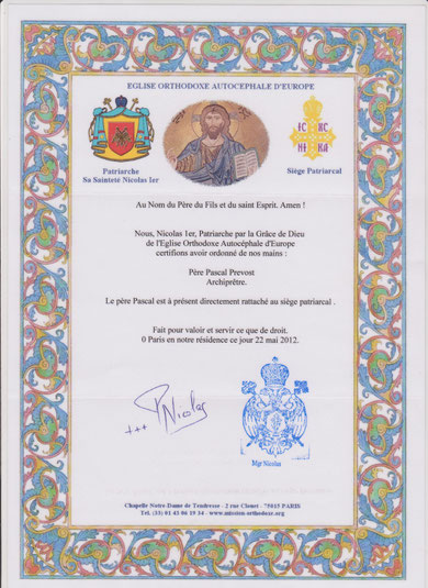 Documents Officiel Orthodoxe - Pére Pascal Prévost Exorciste Orthodoxe