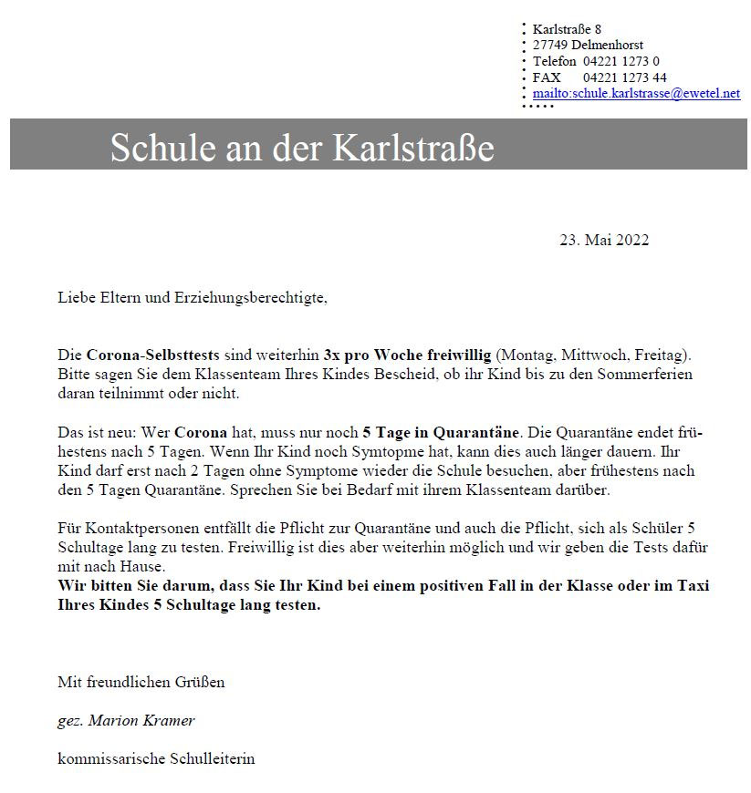 Elternbrief der Schulleitung (Corona) - Schule an der Karlstraße