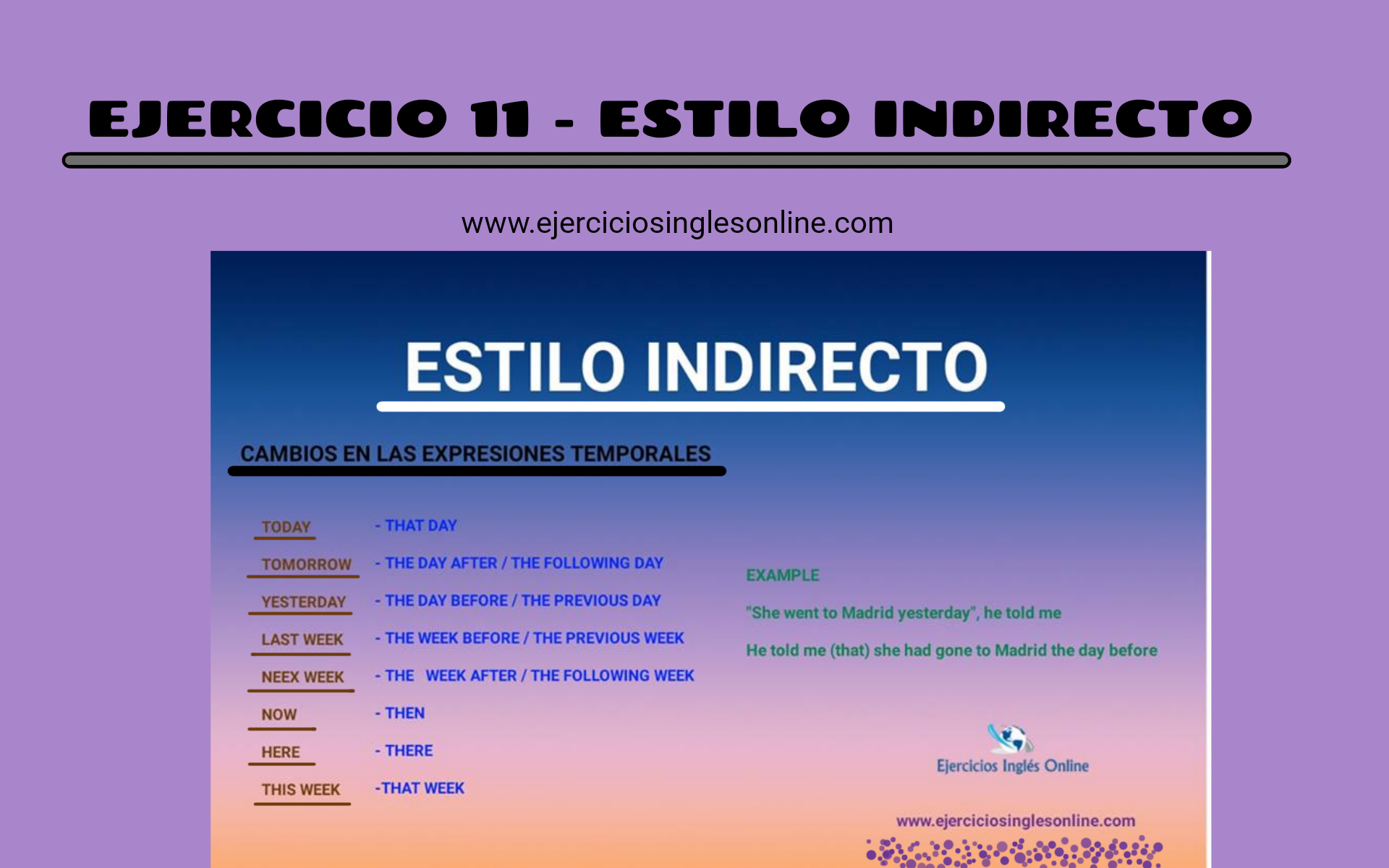 Estilo indirecto en inglés - Ejercicio 11 - Ejercicios inglés online