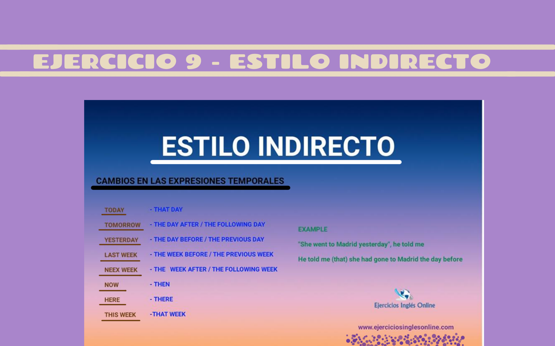Estilo indirecto - Ejercicio 9 - Ejercicios inglés online