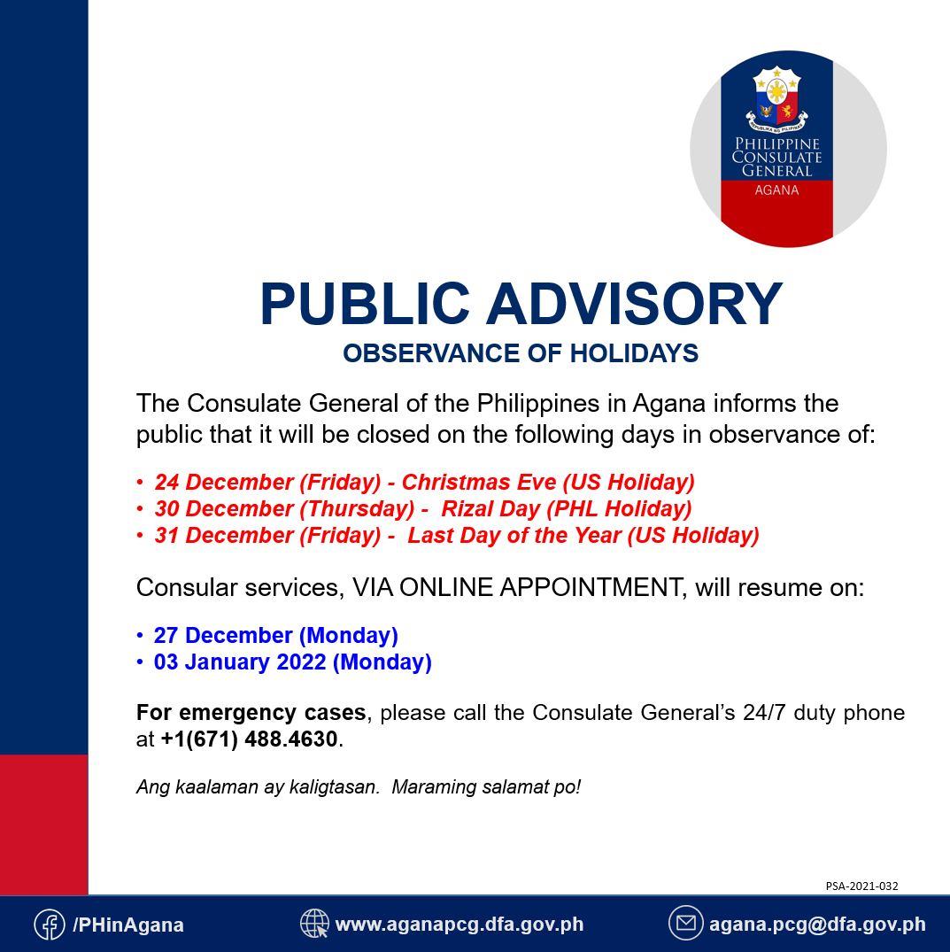 Advisory: Observance of Holidays in December 2021 - phinagana