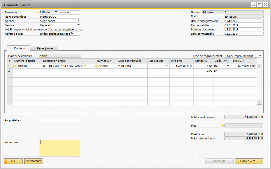 [nouveauté v9.00]> Demandes d'achats - OPTI-ONE intégrateur 100% SAP ...