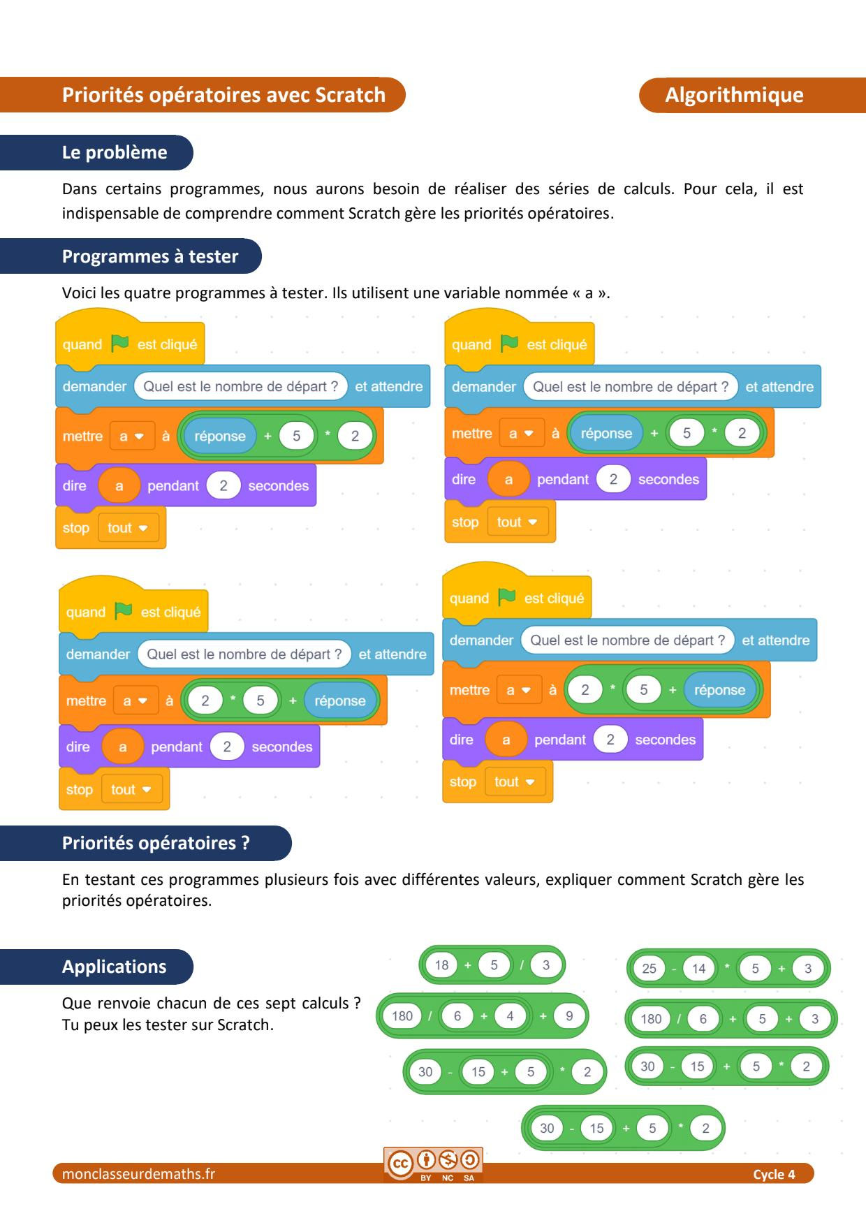 Activités d'algorithmique au cycle 4 - Mon classeur de maths