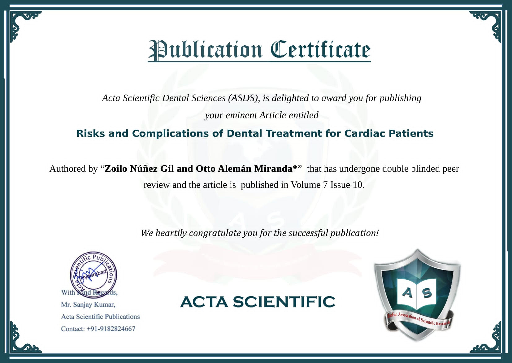 Acta Scientific Dental Sciences. - zoilo nuñez maxilofacial