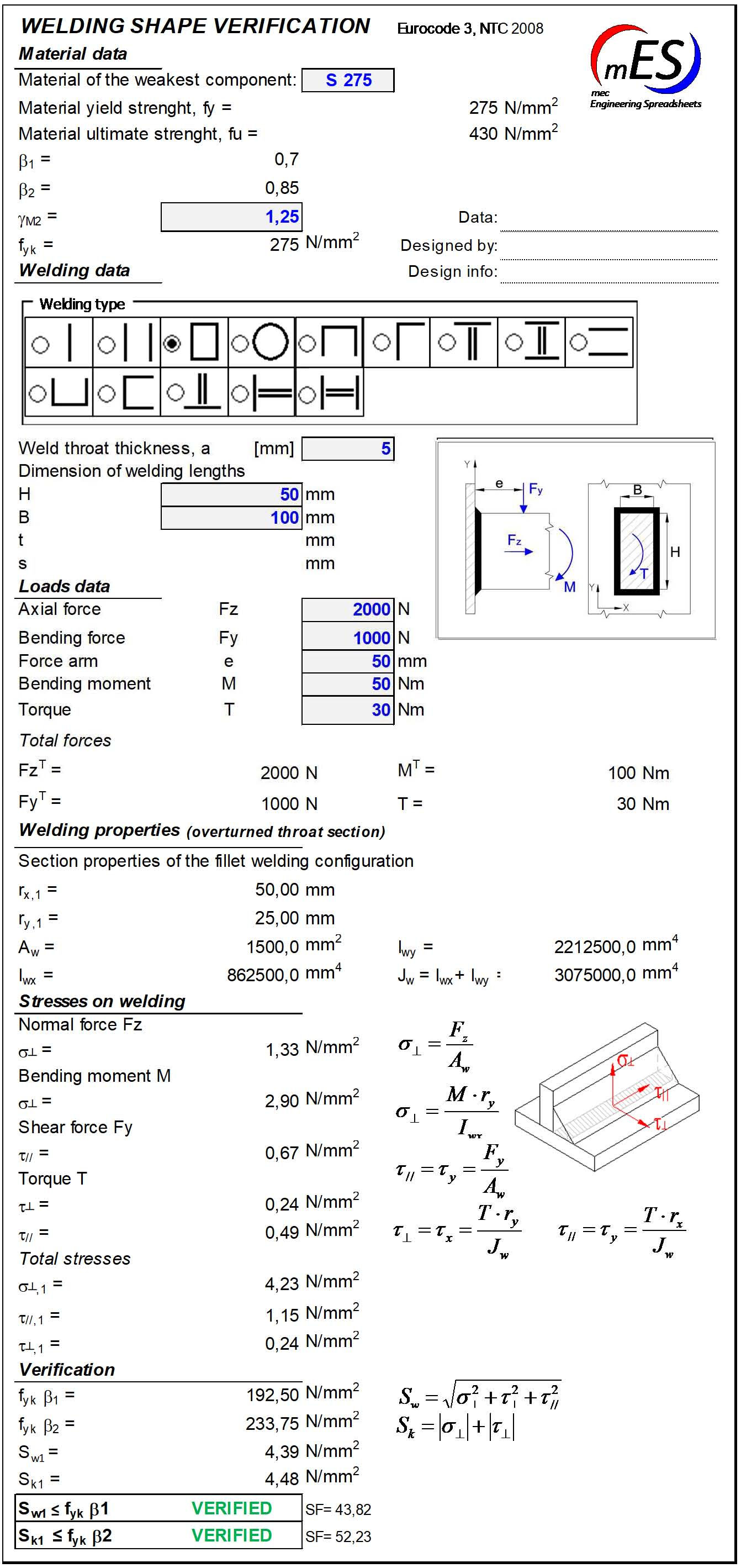 Welding verification of H sections - mec Engineering Spreadsheets