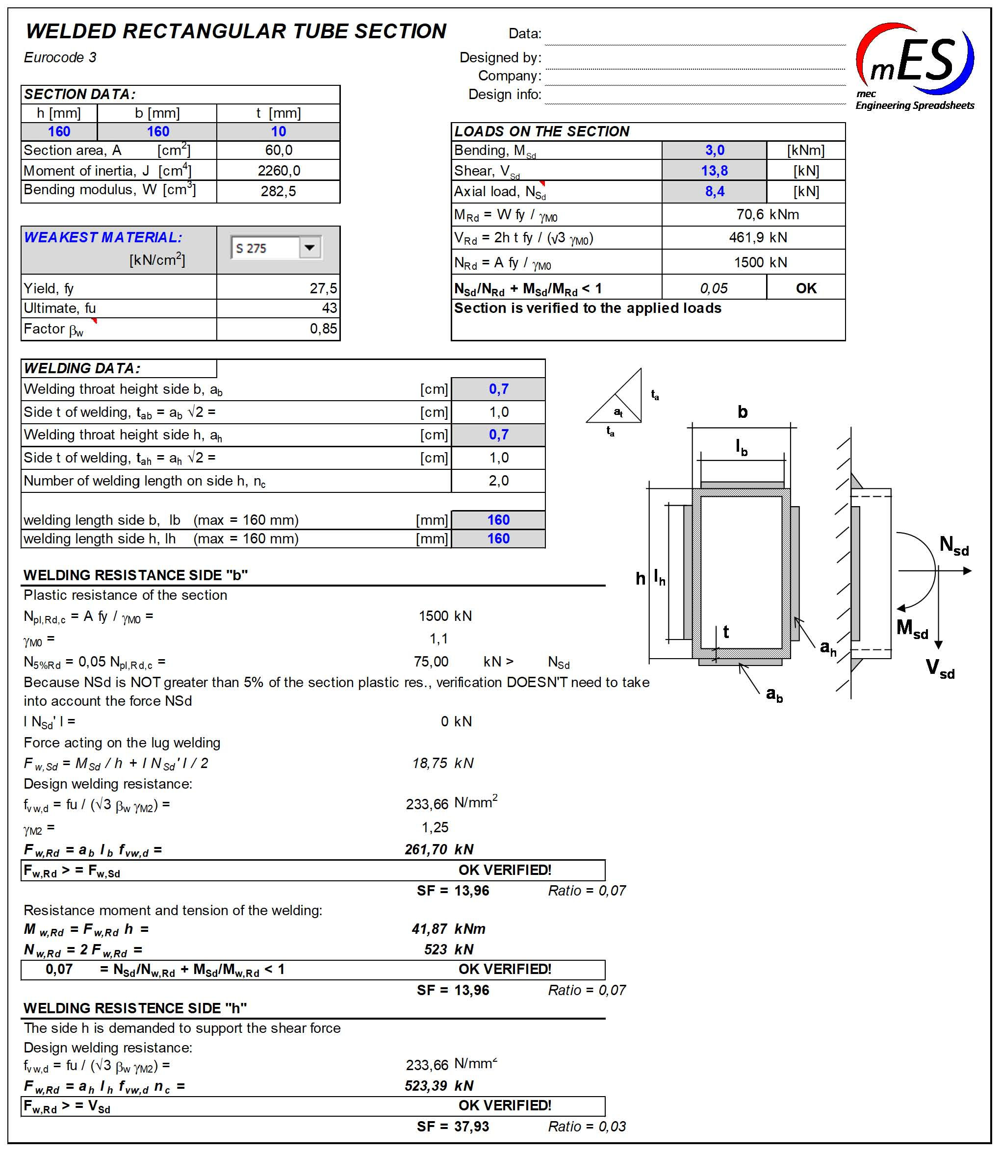 Welded rectangular tube section - mec Engineering Spreadsheets