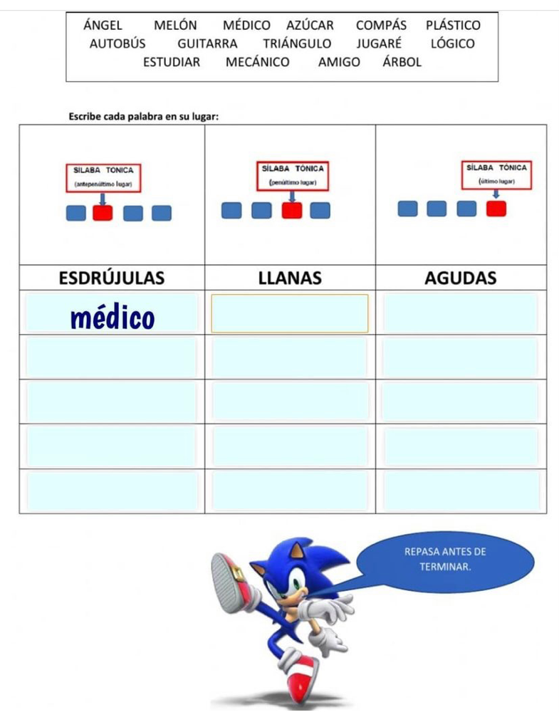 Clasifica las palabras en agudas, llanas y esdrújulas - Página web de ...