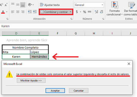 COMBINAR CELDAS EN EXCEL - Página web de aprendebienaprendefacil
