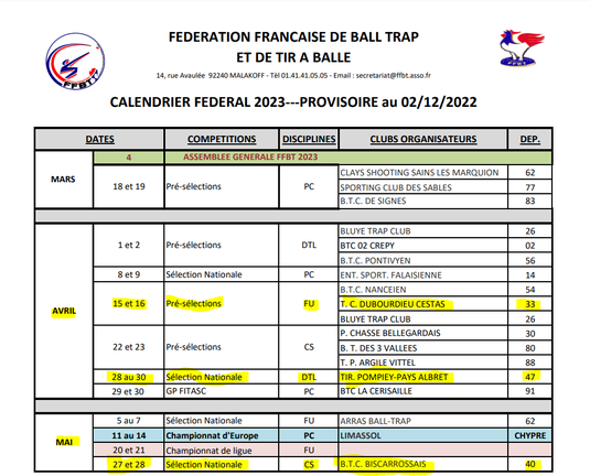 CALENDRIER FFBT 2023 - Site du btc pons