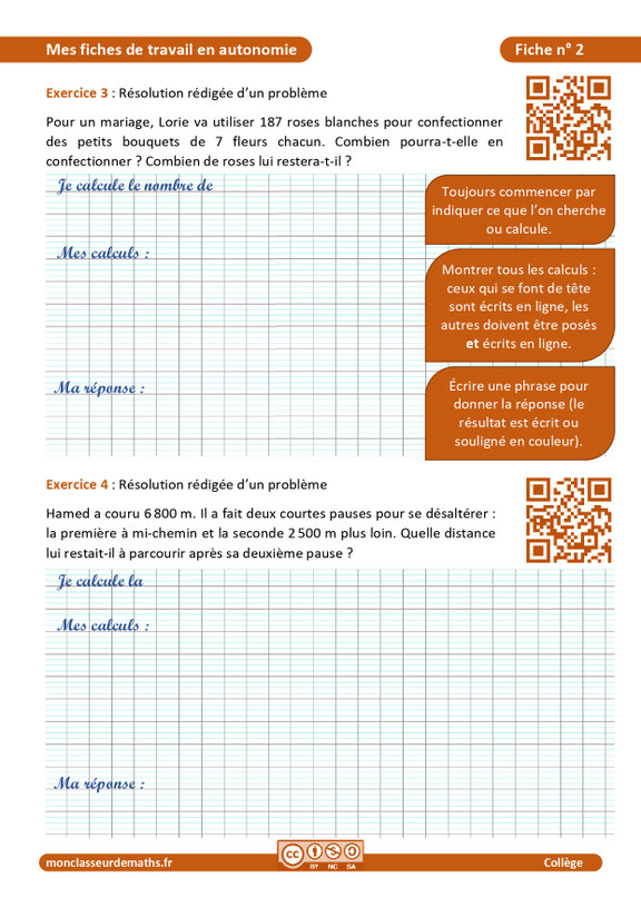 Fiches de travail en autonomie - Mon classeur de maths