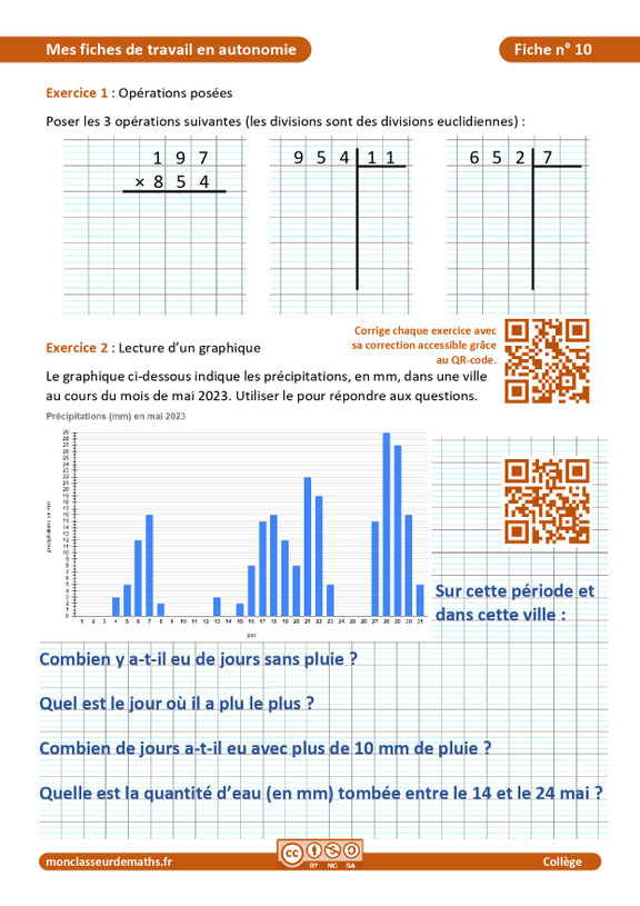 Fiches de travail en autonomie - Mon classeur de maths