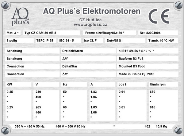 Elektromotor 8 polig Typenschilder - Elektromotor von AQ Pluss Motoren