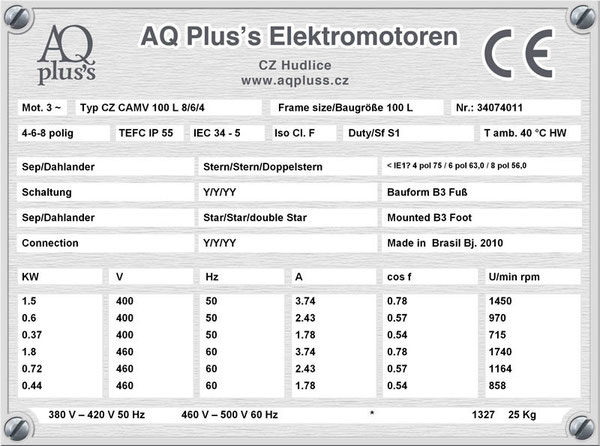Elektromotor 4 6 8 pol Typenschild - Elektromotor von AQ Pluss Motoren