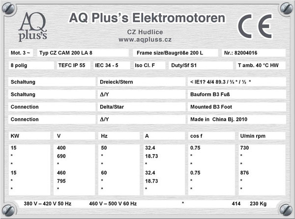Elektromotor 8 polig Typenschilder - Elektromotor von AQ Pluss Motoren