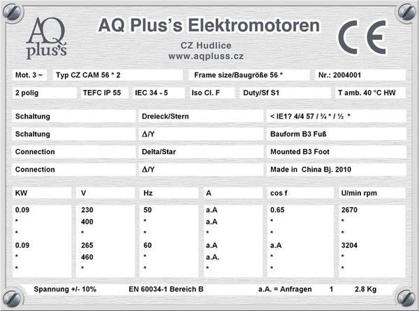 Elektromotor 2 polig D Mot Typenschild - Elektromotor von AQ Pluss Motoren