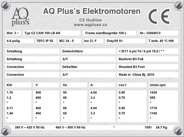 Elektromotor 4 6 pol k Typenschild - Elektromotor von AQ Pluss Motoren