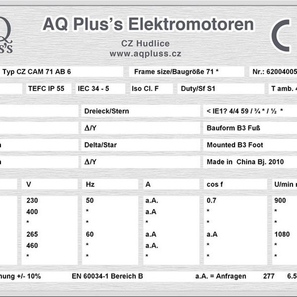 Elektromotor Typenschild 6 pol - Elektromotor von AQ Pluss Motoren