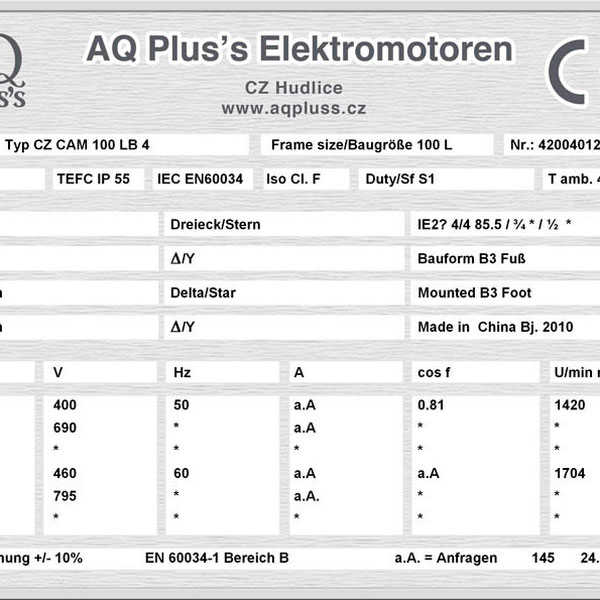 Elektromotor Typenschilder 4 pol - Elektromotor von AQ Pluss Motoren