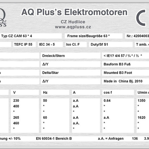 Elektromotor Typenschilder 4 pol - Elektromotor von AQ Pluss Motoren