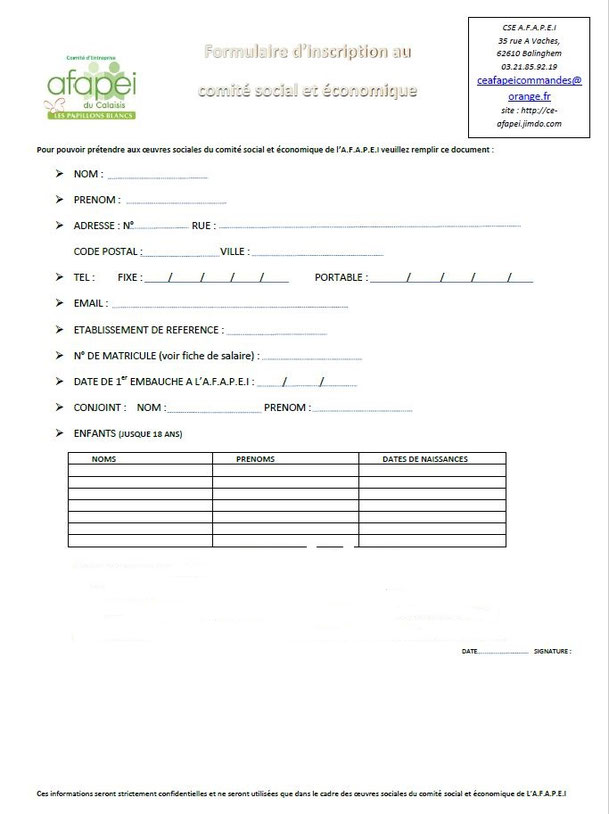 FORMULAIRE D'INSCRIPTION AU COMITÉ D'ENTREPRISE DE L'AFAPEI - Site de ce-afapei