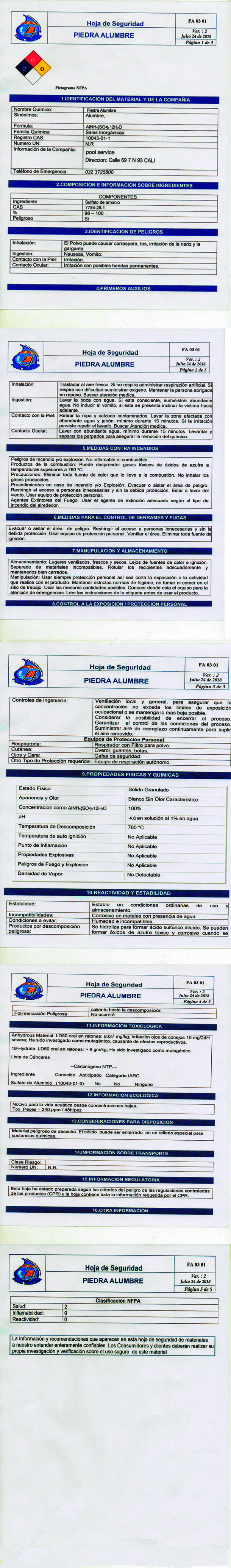 ALUMINITA, SULFATO DOBLE O PIEDRALUMBRE - Quimicos, Accesorios y ...
