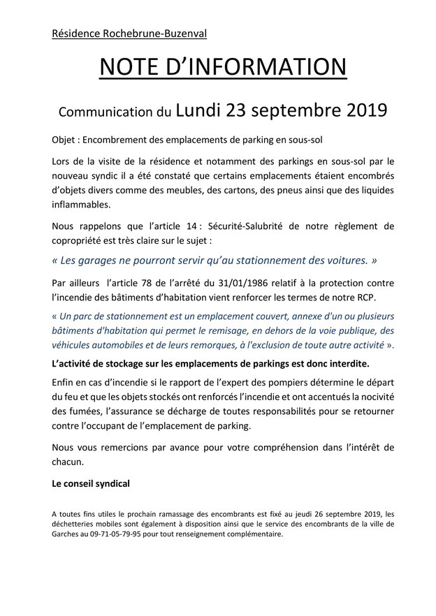 Note communication désencombrement parking sous-sol - Site de rochebrune68