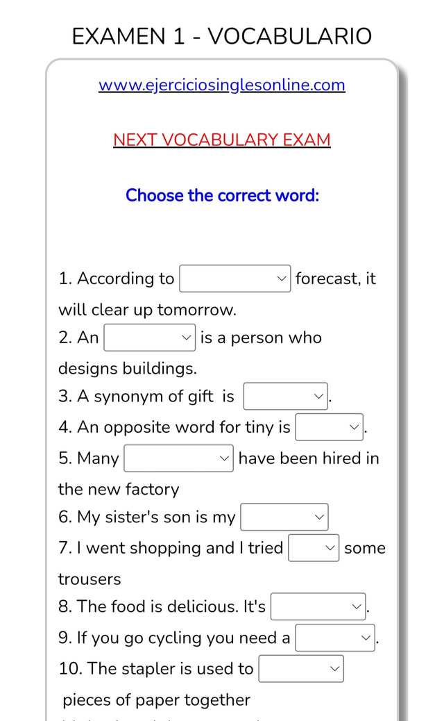 Exámenes vocabulario tipo test - Nivel B1 - Ejercicios inglés online