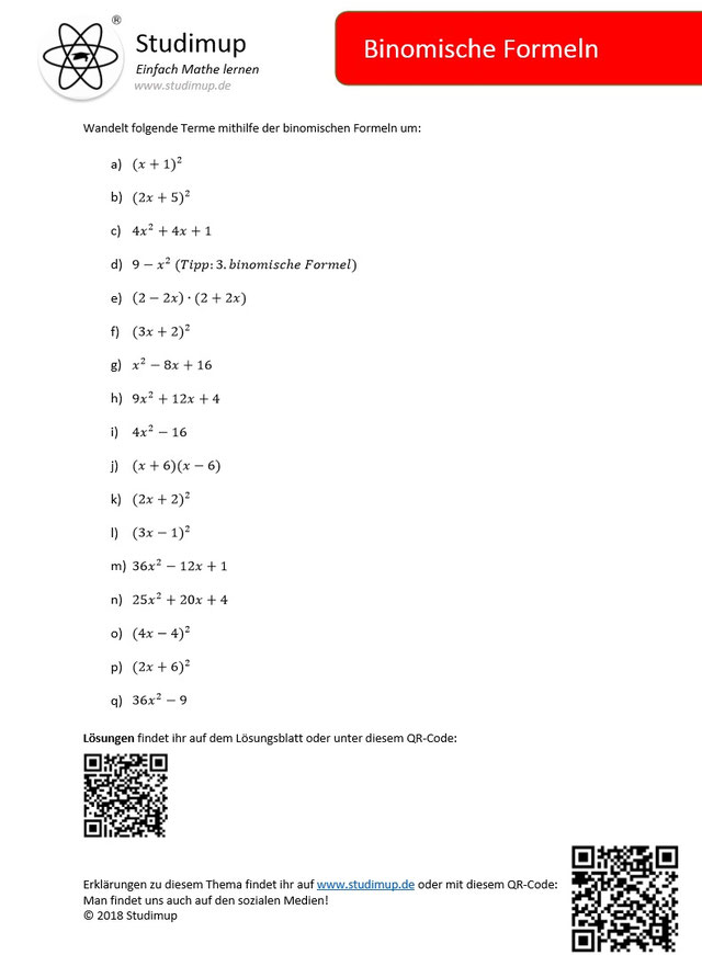 Arbeitsblätter zu binomischen Formeln - Studimup.de