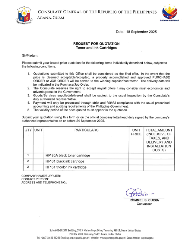 Request for Quotation - Toner and Ink Cartridges - phinagana