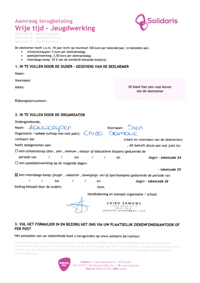 Solidaris: terugbetaling kamp - Chiro Samowe