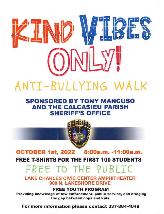 CPSO TO HOST ANTI-BULLYING WALK - Calcasieu Parish Sheriff's Office