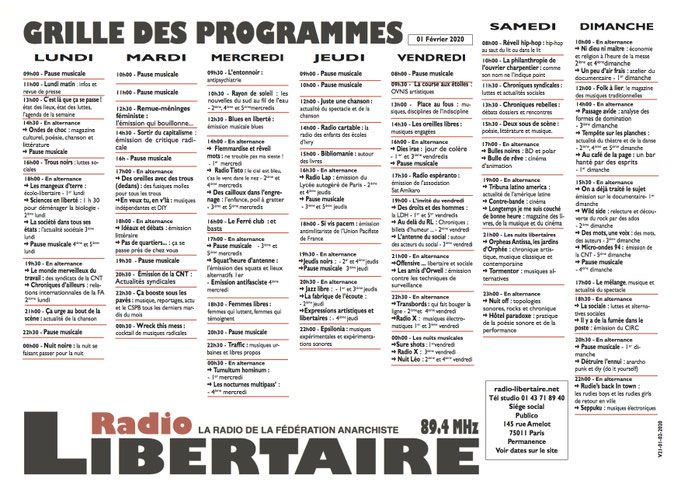 La grille de programmation - Radio Libertaire 89, 4 MHz