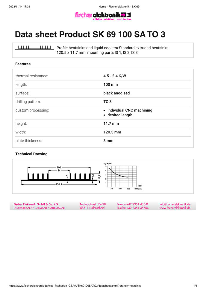 SK69-100-SA-TO3 | W=120.5mm, H=11.7mm, L=100mm | 押出成形 大型ヒートシンク ...