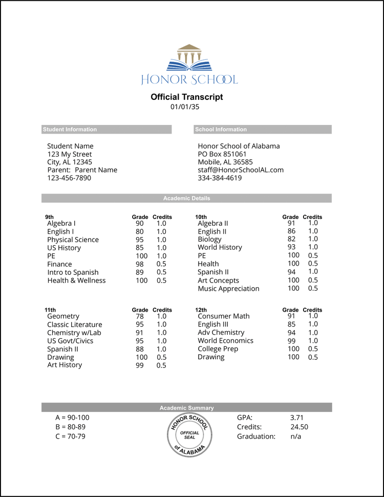 Transcript (high school) - Honor School
