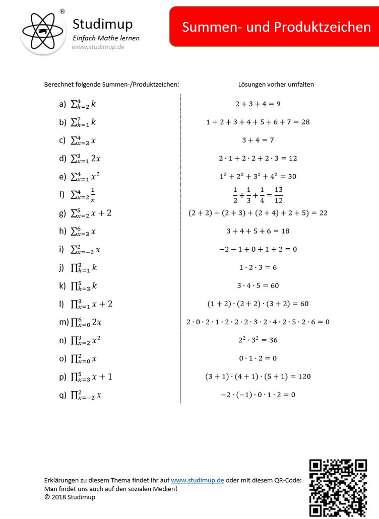 Arbeitsblatt zu Summen- und Produktzeichen - Studimup.de