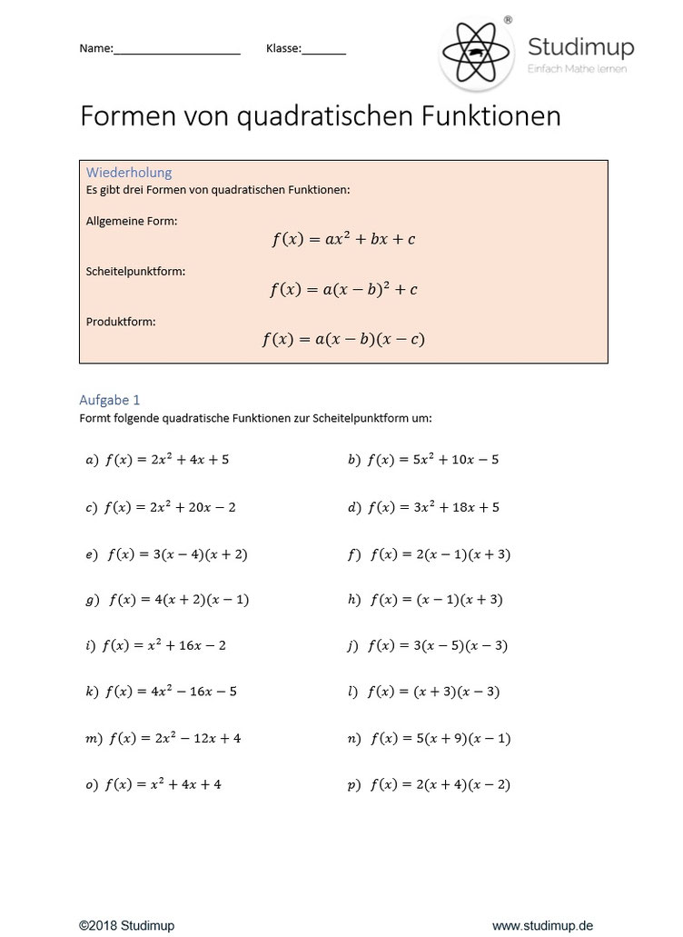 Arbeitsblatt: Umformen quadratischer Funktionen - Studimup.de